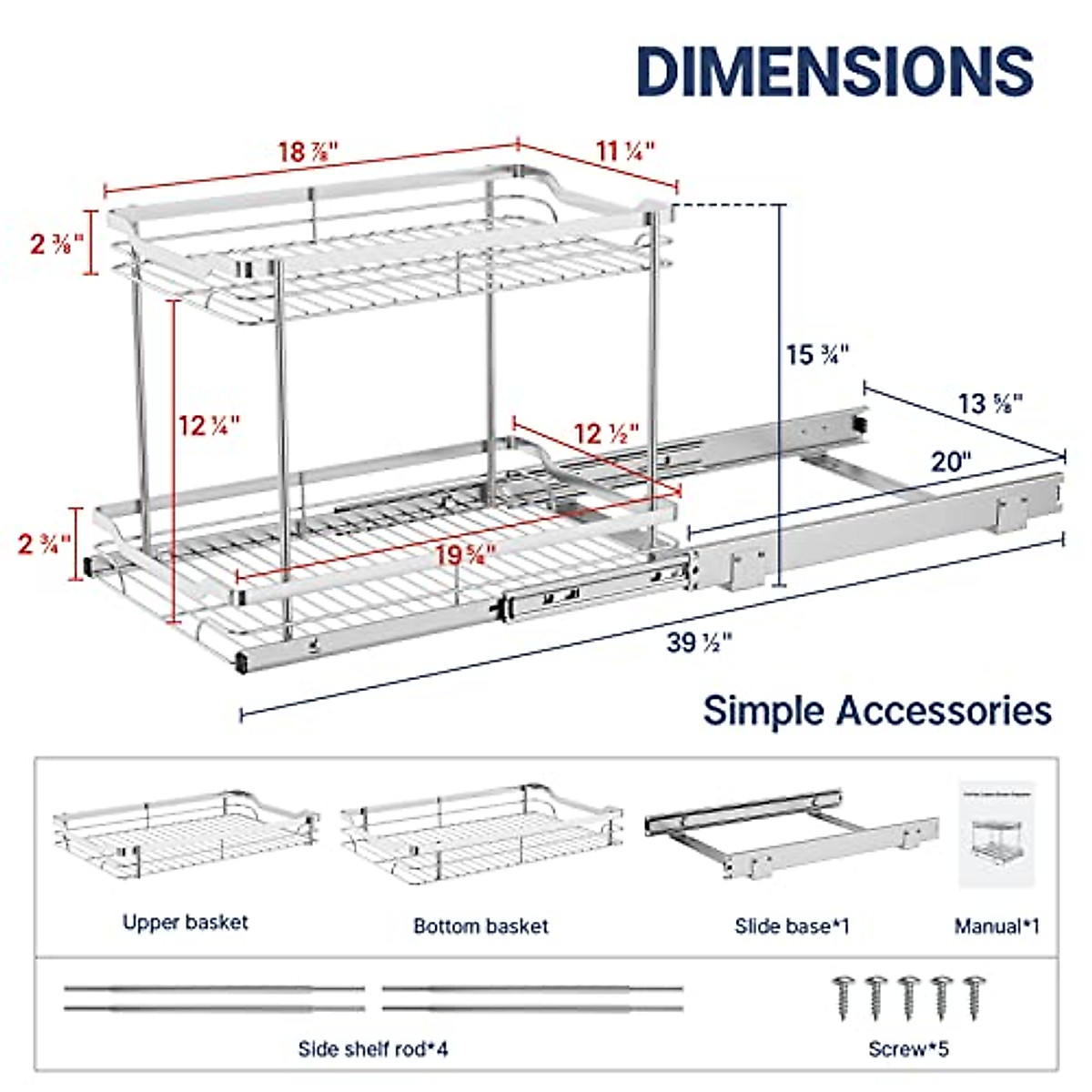 Amazer Pull Out Cabinet Organizer, 2 Tier Pull Out Drawers for Kitchen Cabinets, Slide Out Pantry Shelves 14.2"D×20"W Sturdy Cabinet Organizer Pull Out Drawers, Cabinet Pull Out Shelves Metal-Chrome