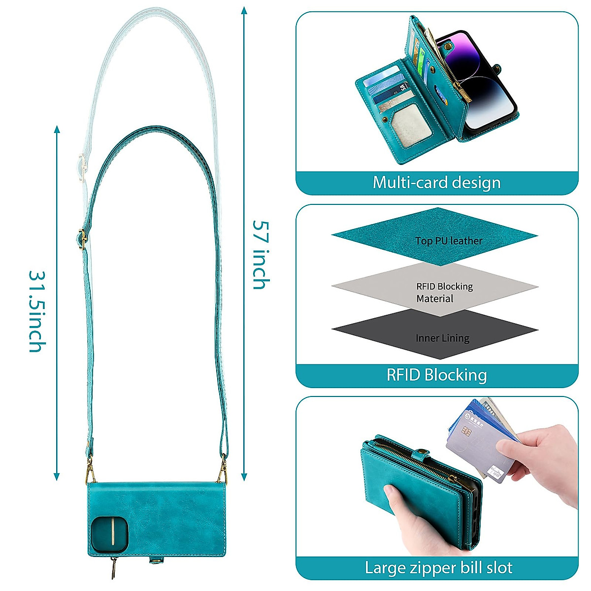 MInCYB for iPhone 15 Pro Max Wallet Case with Card Holder (12 Card Slots) - PU Leather Case for Women & Men, Wireless Charging, Detachable Magnetic, Crossbody Strap, Shockproof Protective Phone Cover.
