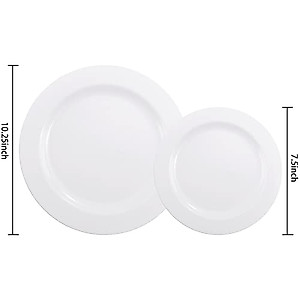 FLOWERCAT 60PCS White Plastic Plates - Heavy Duty White Disposable Plates for Party/Wedding - Include 30PCS 10.25inch White Dinner Plates and 30PCS 7.5inch White Dessert/Salad Plates