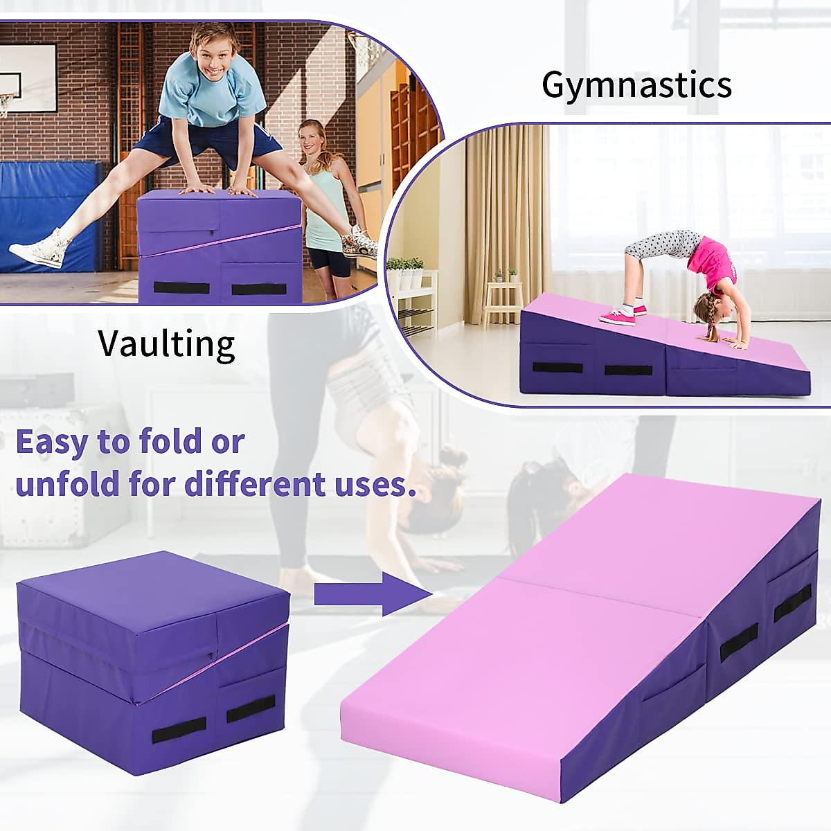 BLKMTY Gymnastics Mat Tumbling Mats Folding Mat 48"x24" Gymnastics Equipment Incline Mat Cheese Wedge Skill Shape Indoor/Outdoor Exercise Mat Yoga Mat for Kids Play Home Exercise Aerobics, Pink