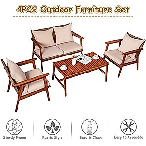 SDGH 4PCS Patio Rattan Furniture Set Acacia Wood Frame Cushioned Sofa Chair Garden Perfect to Be Placed in Your Patio, Poolside and Garden
