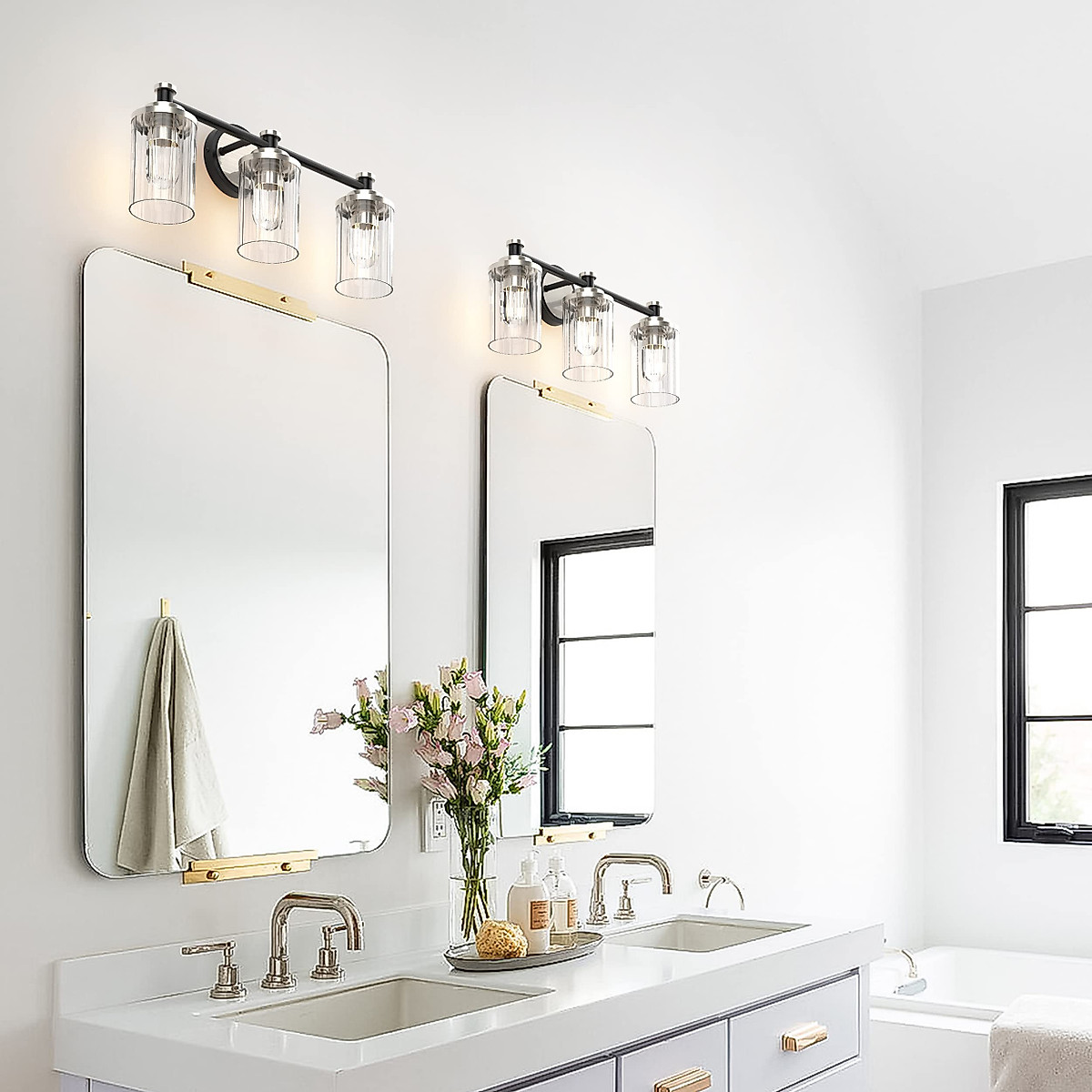 PHIXART Bathroom Lighting Fixtures Black and Brushed Nickel Bathroom Vanity Light with Cylindrical Clear Stripes Glass Lampshade E26 Socket Base Bathroom Lighting Fixtures Over Mirror (3 Lights)