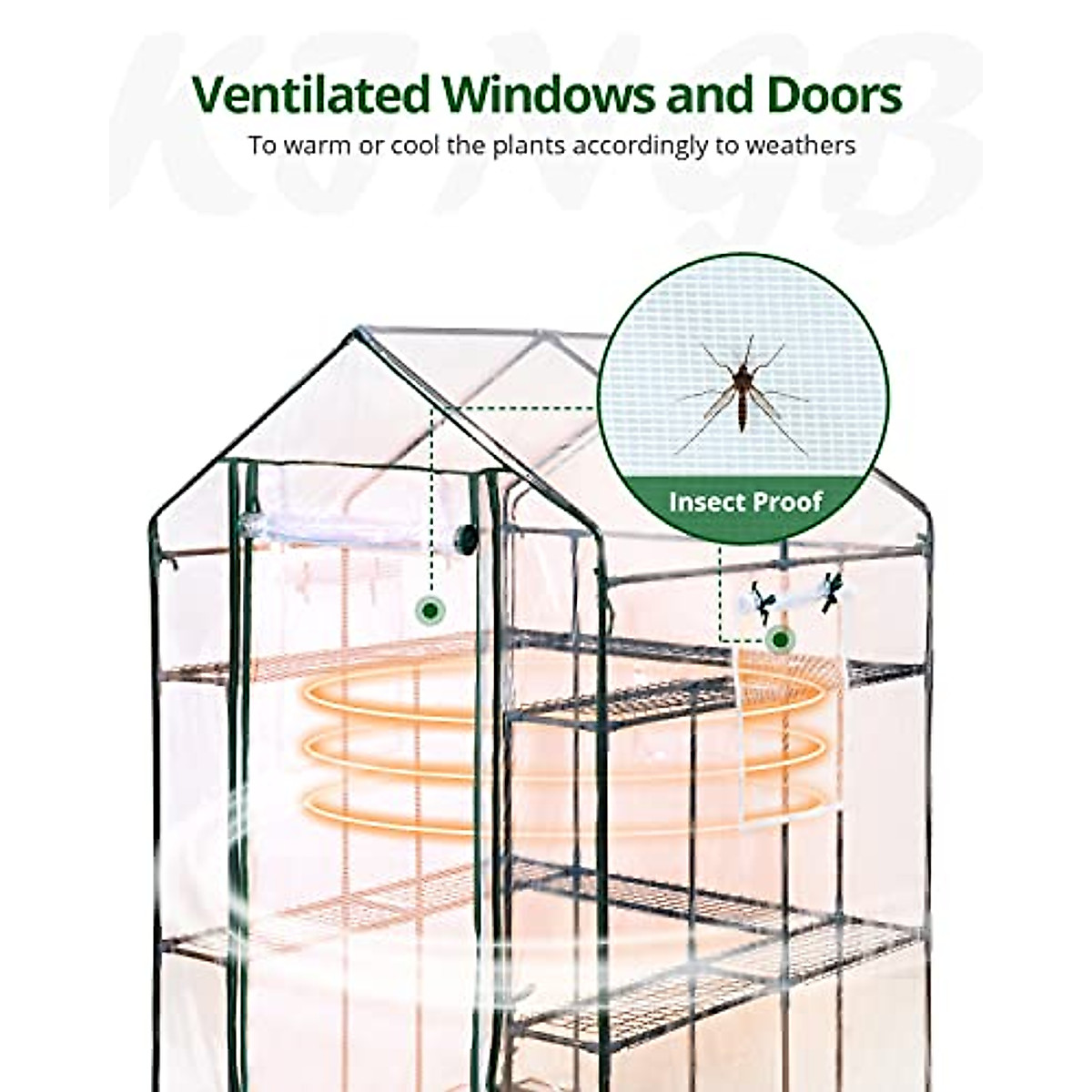 KING BIRD Upgraded Walk-in Greenhouse for Outdoors, Thickened PE Cover & Heavy Duty Powder-Coated Steel, w/ Zippered Mesh Door & Screen Windows, 14 Sturdy Shelves for Garden, 4.7 x 4.7 x 6.4 FT, Clear