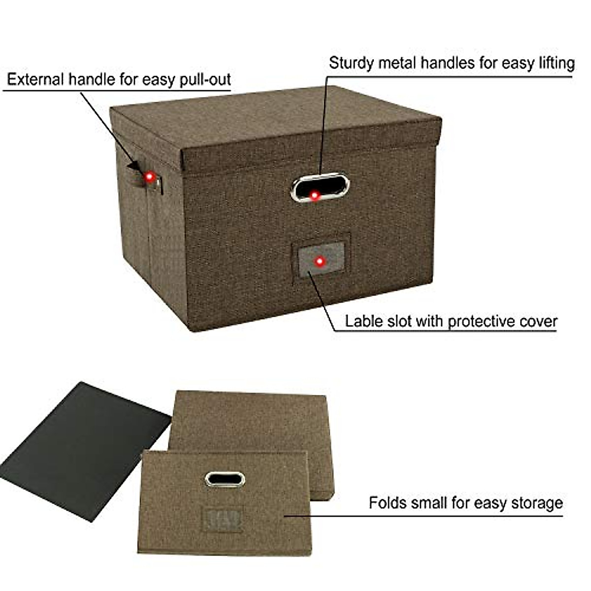 JSungo File Box with 5 Hanging Filing Folders, Document Organizer Storage for Office, Collapsible Linen Storage Box with Lids, Home Portable Storage with Handle, Letter Size Legal Folder, Brown