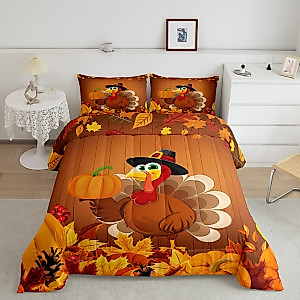 Turkey Comforter Full Size, Happy Thanksgiving Comforter Set for Kids Toddler Rustic Farmhouse Comforter Set Fall Harvest Duvet Set Room Decor Durable Quilt Set