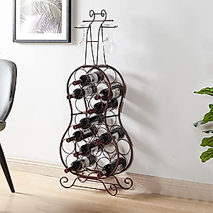 Kings Brand Furniture - Cello-Shaped Metal Standing Wine Rack, 19 Bottles with Wine Glass Holder, Bronze