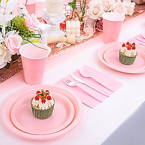 WELLIFE 210 Pieces Pink Party Supplies, Disposable Dinnerware Set, Including Pink Plastic Plates, 12OZ Pink Cups, Pink Plastic Cutlery and Paper Napkins Serve 30 Guests for Party