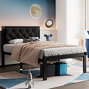 Feonase Twin Size Metal Bed Frame with Faux Leather Button Tufted Headboard, Heavy-Duty Platform Bed Frame with 12" Storage, Steel Slats Support, No Box Spring Needed, Noise Free, Black