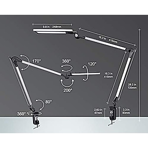 PHIVE LK-1 Metal Architect Swing Arm LED Desk Lamp / Table Lamp with Clamp (Eye-Care Technology, Dimmable, 6-Level Dimmer / 4 Lighting Modes with Touch Control, Memory Function) Task Light