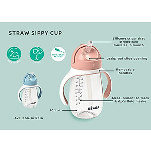 BEABA Straw Sippy Cup, Toddler Baby Straw Cup with Removable Handles, Leak and Spill Proof, BPA Phthalate Free, 8+ months, 10 oz, (Rain)