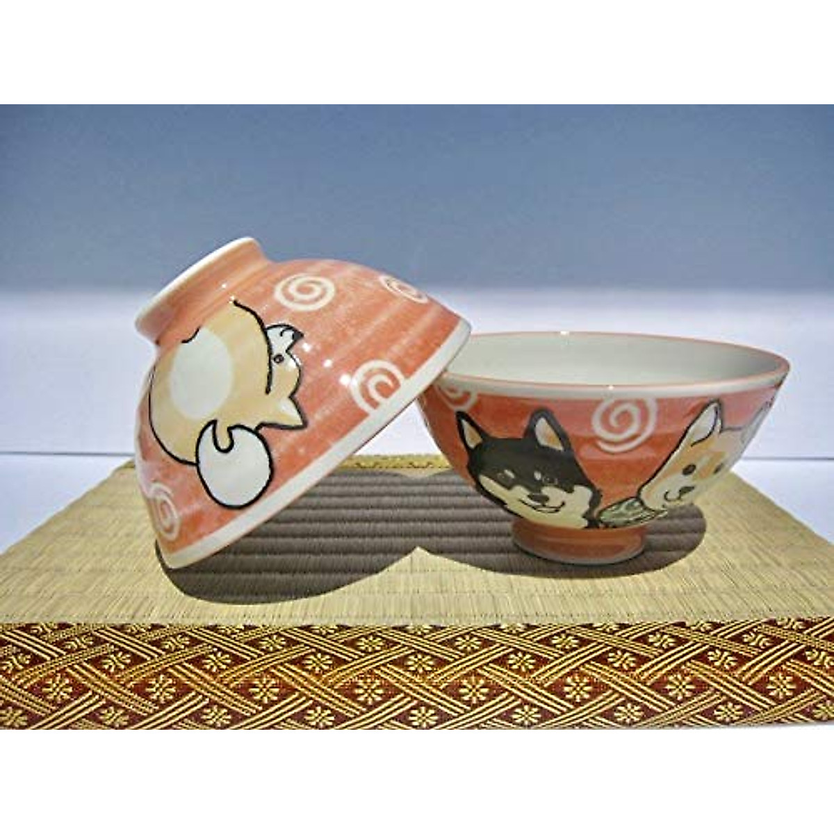 Mino Ware Japanese Shiba Dog Red Rice Bowl Set 4.92 Inches Diameter Authentic Ceramic Chawan Set of 2 Bowls from Japan