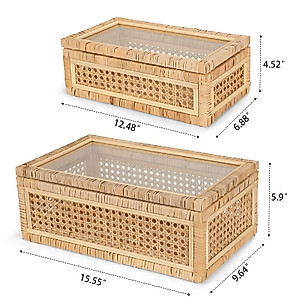 Handwoven Boho Rattan Display Boxes with Glass Lids - Set of 2 Rectangular Decorative Storage Bins - Natural Woven Cane Home Decor Organizers