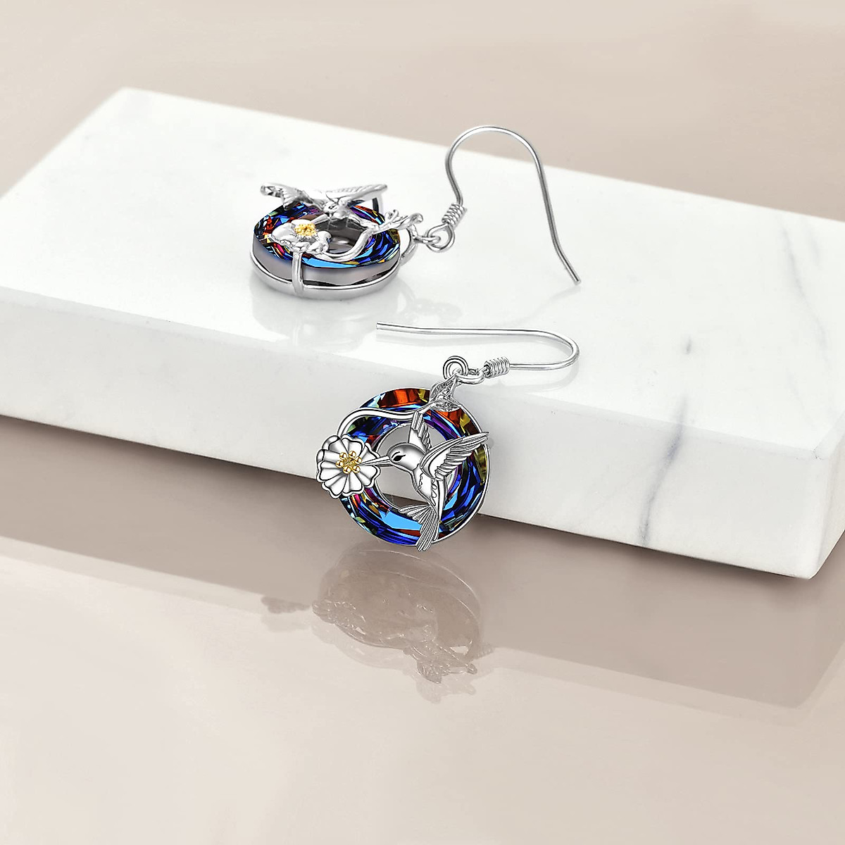 POPLYKE Hummingbird Earrings for Women Sterling Silver Hummingbird Bird Daisy Flower Dangle Drop Earrings with Volcano Circle Crystal Gifts(volcano)