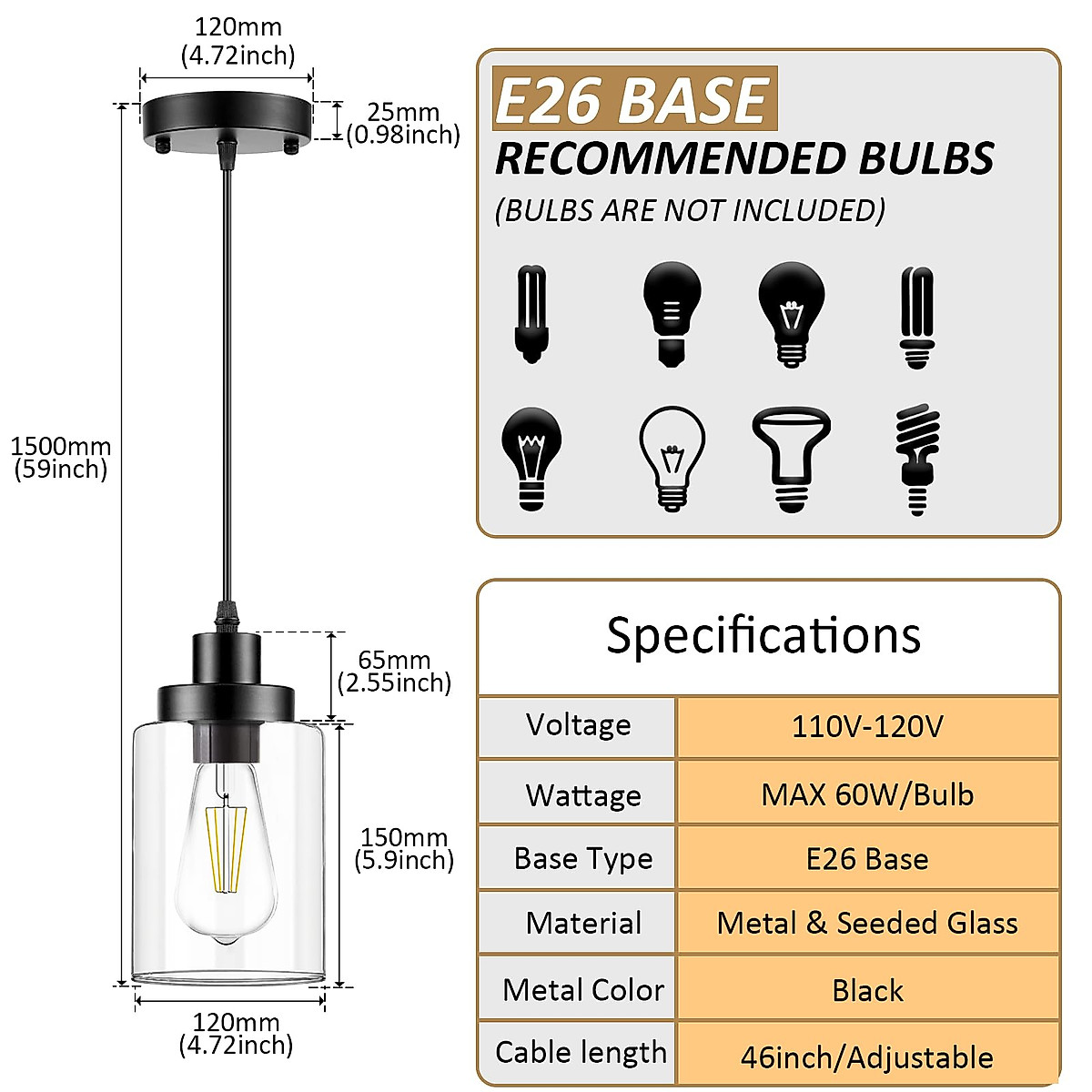WimiSom Industrial Pendant Lighting, Modern Clear Glass Shade Farmhouse Adjustable Hanging Light Fixtures for Kitchen Island Living Room Bedroom Hallway, 3-Pack