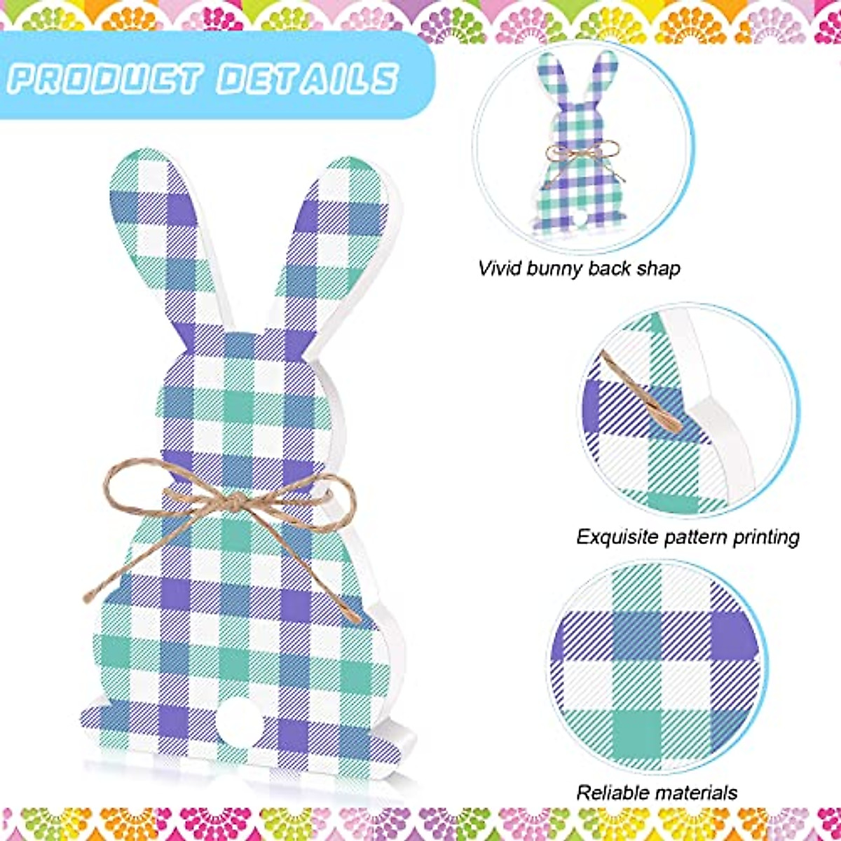 5 Pcs Easter Bunny Table Wooden Signs Buffalo Plaid Spring Bunny Centerpiece Tabletop Rabbit Easter Party Wood Ornament Reversible Dining Room Double Printed Freestanding Table Decor with Rope