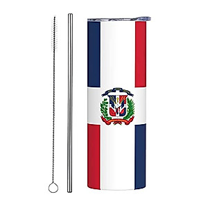 Stainless Steel Skinny Tumbler Dominican Republic Flag Travel Cup 20 Oz Double Wall Slim Insulated Coffee Mug With Splash Proof Lid & Straw & Cleaning Brush For Home Office
