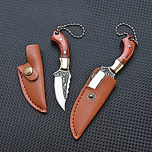 SZHOWORLD Ultra Small Fixed Blade Knife, 1.57 inch 5Cr Stainless Steel Blade with Brass+Colored Wood Handle, Mini Knife/Box Cutter with Leather Sheath for EDC Gift Collection Cutting