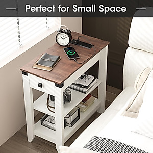 Fameill End Tables Living Room Set of 2, Narrow Side Table with Charging Station, Small Bedside Table for Small Space, Skinny Nightstand with Storage Drawer, White
