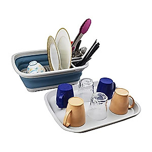 SAMMART 8L (2.11Gallons) Collapsible Dish Drainer with Drainer Board - Foldable Drying Rack Set - Portable Dinnerware Organizer - Space Saving Kitchen Storage Tray (Grey/Steel Blue, 1)