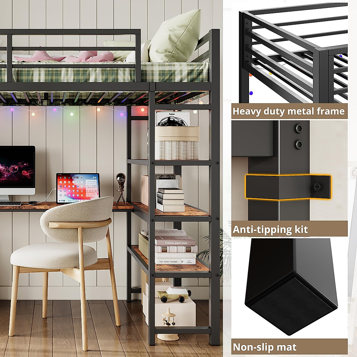 ANCTOR Loft Bed Twin Size with L Shaped Desk and Shelves, Heavy Duty Metal Loft Bed Frame with Power Outlet and LED Lighted, Space-Saving, Noise Free， Brown