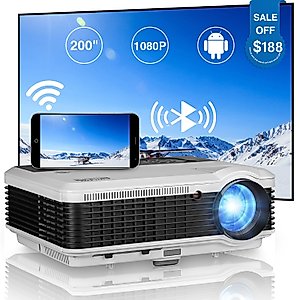Smart Projector with WiFi & Bluetooth, 200" Indoor Outdoor Movie Projector with Wireless Phone Mirroring & HiFi Speaker, 8000LM Full HD 1080P Home Theater Projector for TV Stick Laptop DVD HDMI USB AV