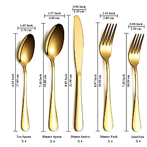 Berglander Flatware Set 20 Piece, Stainless Steel With Titanium Gold Plated, Golden Color Flatware Set, Silverware, Cutlery Set Service For 4 (Shiny Gold)