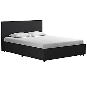 Novogratz Kelly Upholstered Bed with Underbed Storage Drawers and Clean Lined Headboard, Queen, Dark Gray Linen