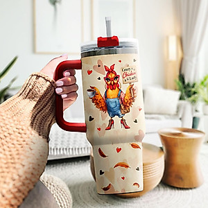 99OWL Crazy Chicken Lady Coffee Color, Tumbler 40 Oz With Handle Lid And Straw, Chicken Gifts, Lovers Handle Boss Red Swig For Modern Women Brown Tumblers Breed Spring Simple Funny