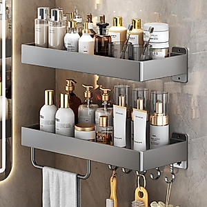 YISMAN Floating Shelves Wall Mounte,with Towel Bar and 5 Hooks, Storage Shelves Organizer for Bathroom, Kitchen, Balcony,Set of 2 (14.96 Grey)