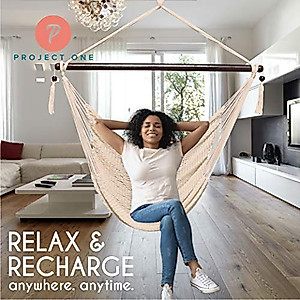 Project One Caribbean Double Hanging Hammock Chair with Soft-Spun Polyester Rope, Max 330 LBS, with Full Hanging Kit Great for Indoor, Outdoor, Home, Patio, Yard, Garden 48 Inch (Cream)