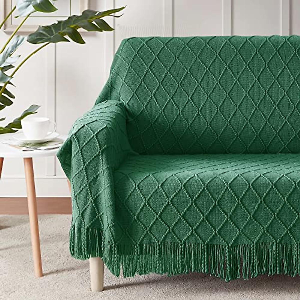 BUHUA Throw Blanket - 50 x 60 Green, Knitted Decorative Throw Blanket for Bedroom, Farmhouse Warm Woven Blanket for Men and Women
