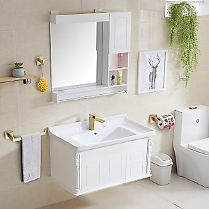 TURS Brushed Gold 4-Pieces Bathroom Hardware Set Towel Bar Set Include 16 Inch Single Towel Bar Towel Holder Toilet Paper Holder Towel Wall Mounted Robe Hook, Stainless Steel