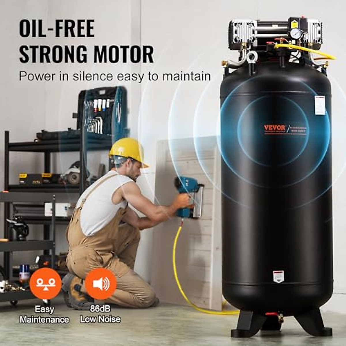 VEVOR 80 Gallon Air Compressor, 6.5HP 15.5SCFM@90 PSI, 2-Stage 145PSI Oil Free Stationary Compressor Tank, 86dB Quiet Compressor for Industrial Manufacturing, Workshops (220V/60Hz Single-Phase Power)