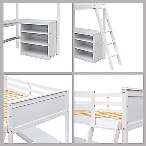 Harper & Bright Designs Twin Loft Bed with Desk and 3 Shelves, Solid Wood Twin Size Loft Bed Frame with Angled Ladder for Kids Teens Boys Girls, No Box Spring Needed (White)