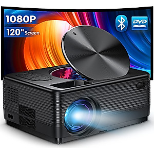 Mini Projector for iPhone, 1080P Bluetooth DVD Projector with Built in DVD Player with 120 inches Screen, Led Portable Video Projector for Outdoor Family Movie Night Compatible Phone/HD/USB