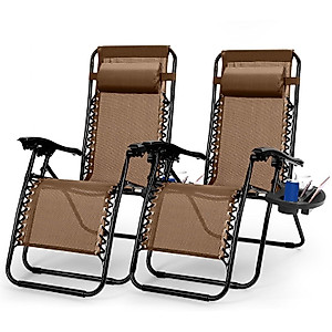2Pcs Outdoor Mesh Chaise Lounges Adjustable Reclining Armrest Patio Lounge Chair Brown