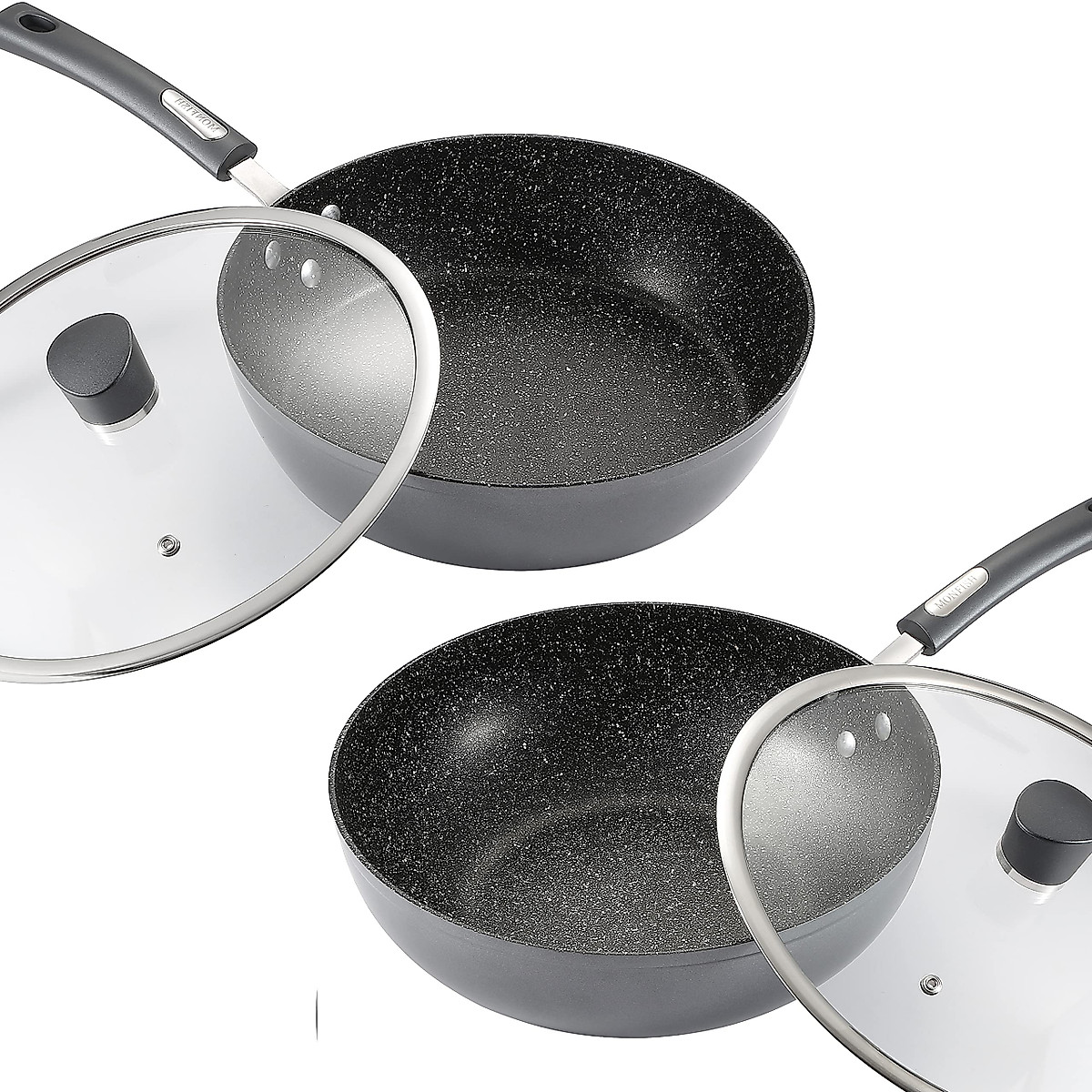 Monfish Deep Frying & Wok Pan Set 12 inch wok & stir fry pan w lid,11 inch skillet frying pan w lid Non Stick Granite Stone Finish Mother Day