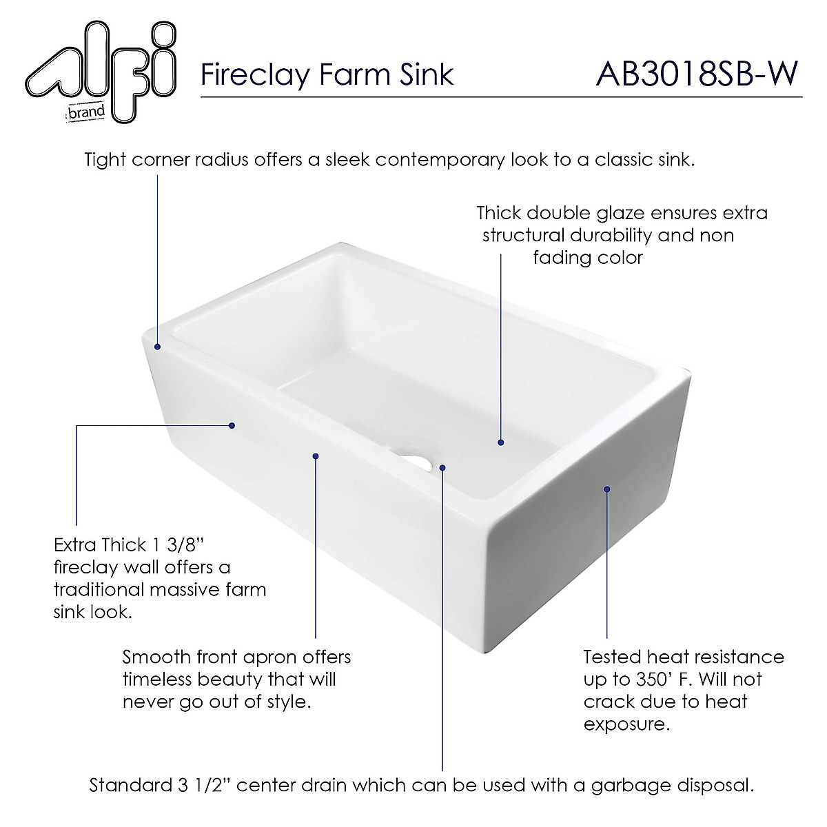 ALFI brand AB3018SB-W Smooth Solid Thick Wall Fireclay Single Bowl Farm Sink, 30", White