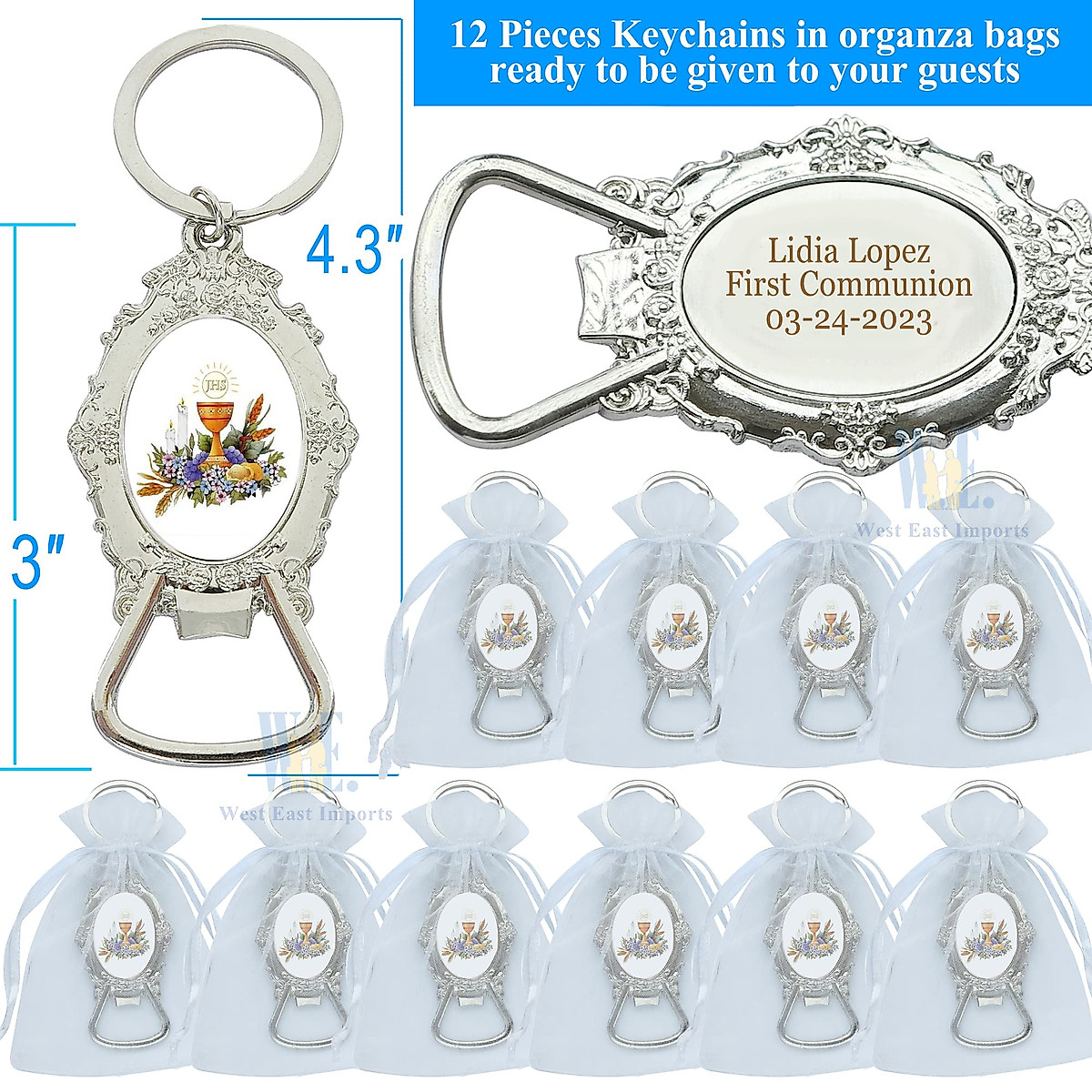 12 PCS Personalized First Communion Favor Engraved Bottle Opener Keychain Recuerdos para Primera Comunion Niña Niño Customized