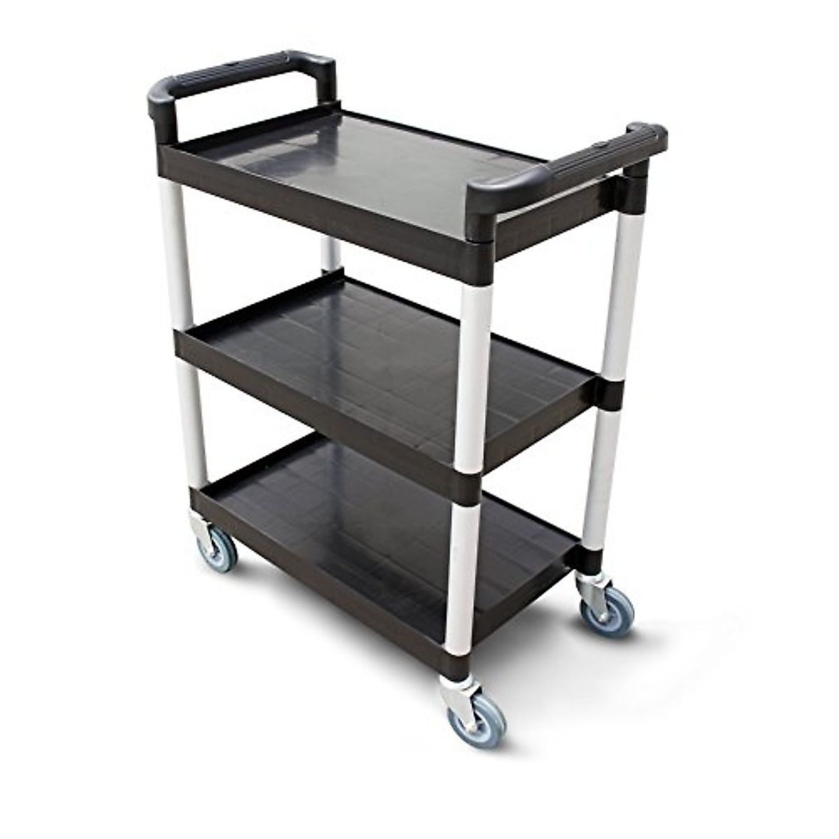 New Star Foodservice 54552 350-Pound Plastic 3-Tier Utility Bus Cart with Locking Casters, 42.5" x 19.5" x 38.5", Black