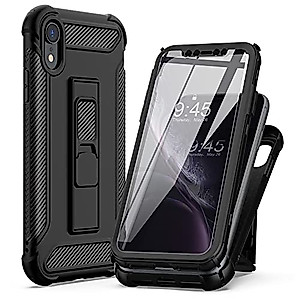 ORETECH Kickstand for iPhone XR Case, with[2 x Tempered Glass Screen Protector] 5 in 1 Military Grade Shockproof Protective Silicone TPU Bumper+Hard PC Slim Thin iPhone XR Phone Case-Black