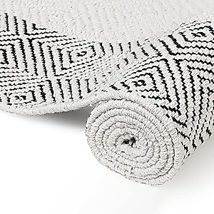 SAVON Hand Woven Cotton Flatweave Area Rug 5x3 Woven Black and White Diamond Argyle