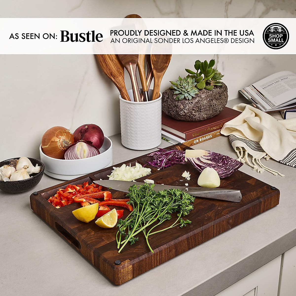 Sonder Los Angeles, Made in USA, Large Thick End Grain Walnut Wood Cutting Board with Non-Slip Feet, Juice Groove, Sorting Compartments for Kitchen 17x13x1.5 in (Gift Box Included)
