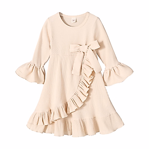 YOUNGER TREE Toddler Baby Girls Fall Clothing Solid Cotton Pit Irregular Skirt Winter Dress Long Sleeve Skirt Outfits(Ruffle-Beige, 2-3T)
