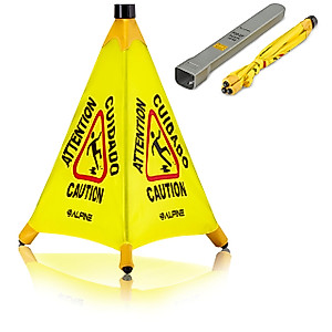 Alpine Caution Wet Floor Sign - Pop Up Slippery When Wet Sign, Wall Mounted Foldable Bilingual Yellow Safety Warning Caution Cone For Commercial & Office Use (30 Inches)