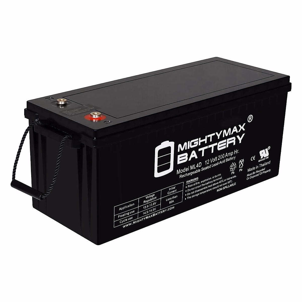 ML4D -12 Volt 200 AH, Internal Thread (INT) Terminal, Rechargeable SLA AGM Battery