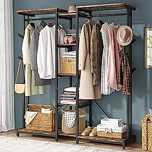 Tribesigns Extra Large Closet Organizer with Hooks, Free-Standing Closet Clothes Rack with Shelves and Hanging Rod, Heavy Duty Industrial Clothing Shelf Closet Storage System for Bedroom (rustic)