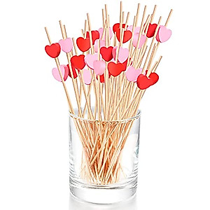 YSSAI 200 Counts Heart Cocktail Picks Red Pink Heart Fancy Toothpicks 4.7 Inch Handmade Bamboo Cocktail Skewers Sticks for Valentine's Day Wedding Mother's Day Birthday Baby Shower Party Supplies