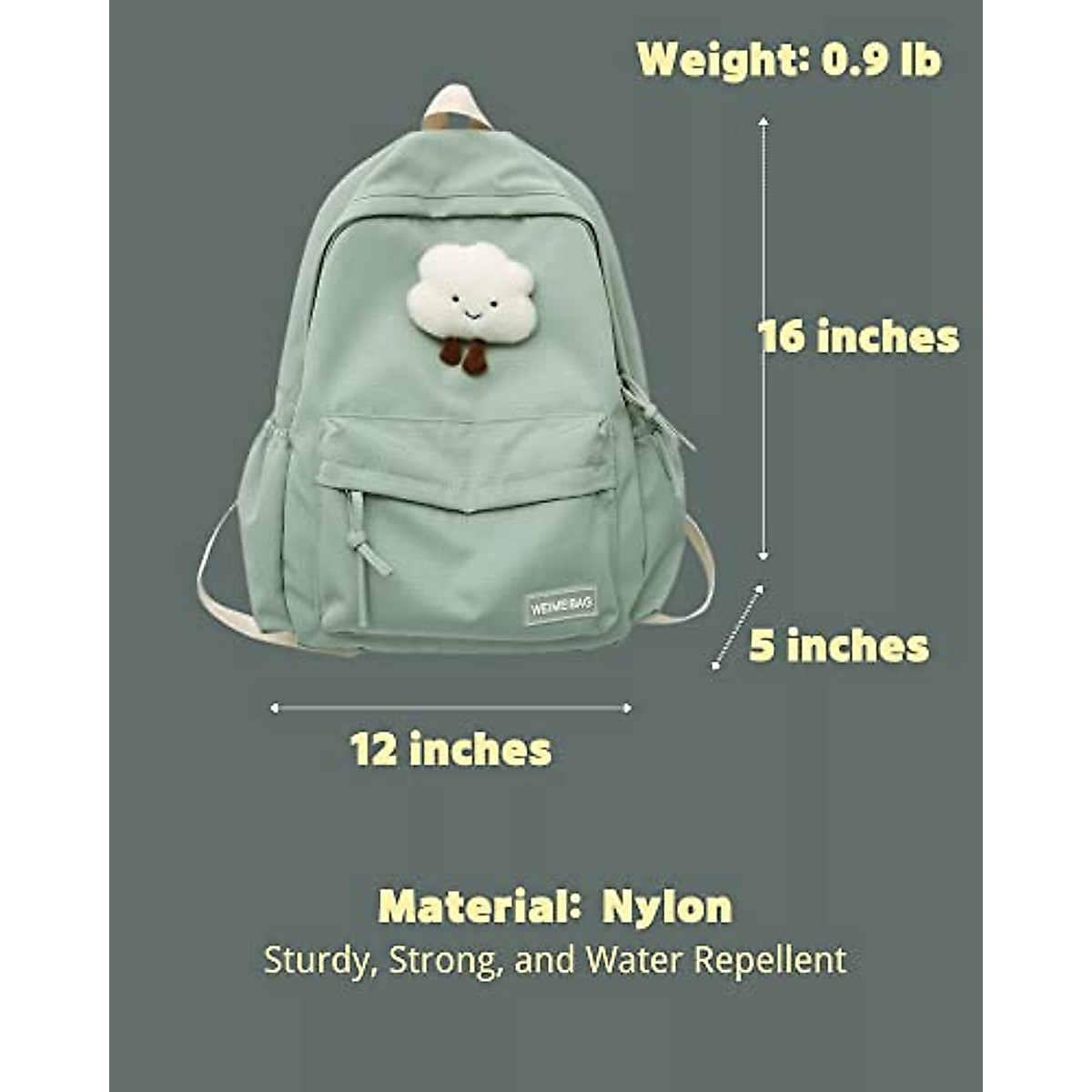 Aesthetic Backpack with Kawaii Cloud Pendant, Large Capacity Rucksack, Sturdy and Durable, Back to School Essential. (Matcha Green)