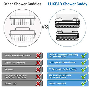 2 Packs Adhesive Shower Caddy with Hooks - No Drilling Rustproof Traceless Stainless Steel Wall Mounted Shower Storage Organizer Shelf Rack Holder for Bathroom Toilet Restroom Kitchen - Matte Black